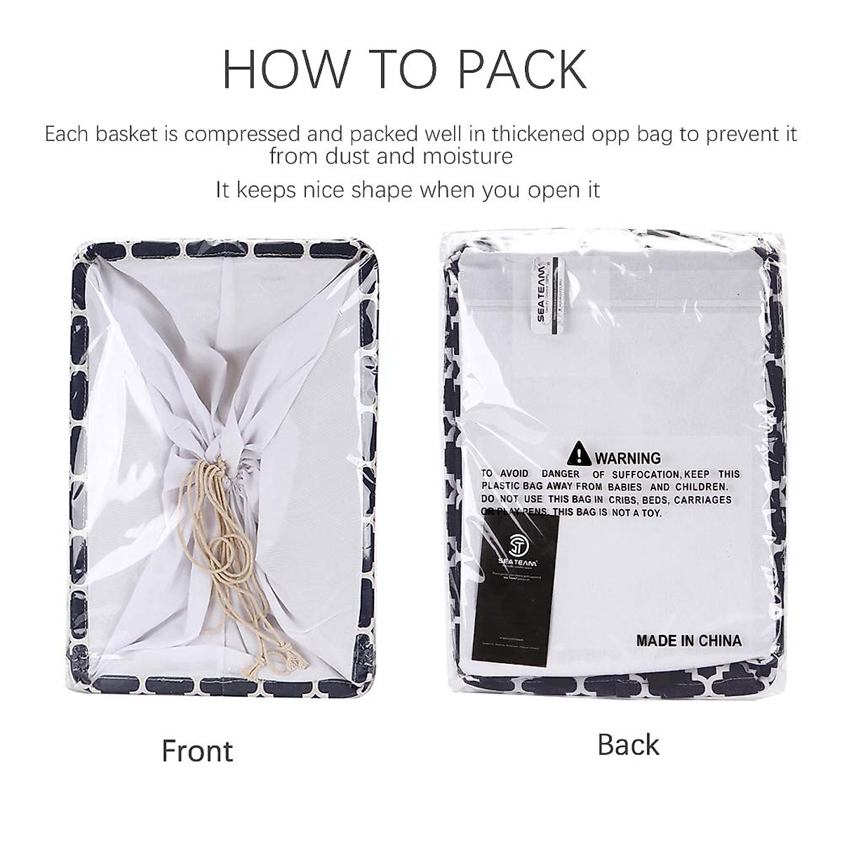 Sea Team Moroccan Lattice Pattern Canvas Fabric Storage Basket Collapsible Geometric Design Storage Bin with Drawstring Cover and PU Leather Handles, 16.5 by 11.8 inches, Waterproof Inner, Dark Blue