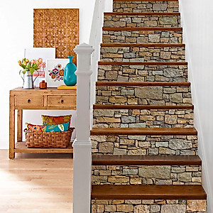 TUOKING 13 Strips Stair Stickers, Vinyl Self-Adhesive Refurbished Staircase Decals, 39.37 x 7.08 Inch for 13 Steps, Stone Pattern