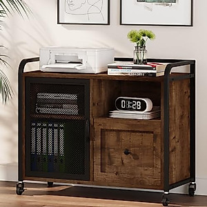 BON AUGURE Filing Cabinet for Home Office, Rolling Lateral File Cabinet with Storage, Wood Metal Printer Stand with Drawer Under Desk (Rustic Oak)