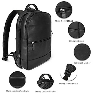 LUXEORIA Genuine Leather Backpack for Men and Women, Minimalistic Backpack, Handmade Retro Style 15.6" Laptop Bag, Daypack with Utility Pockets & Trolley Sleeve - Black
