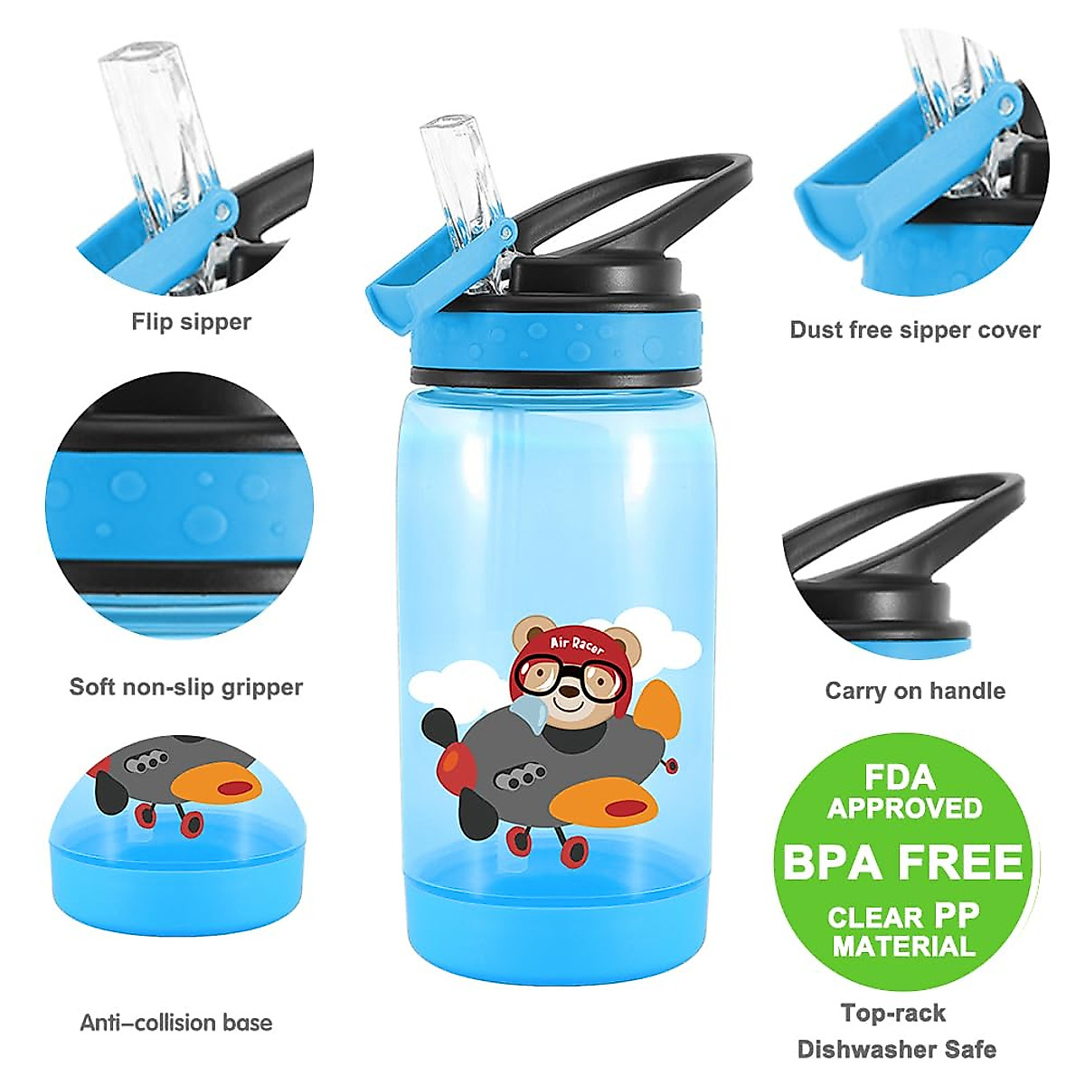 Home Tune Cute Water Bottles with Straw for School Boys, Leak proof & Flip Lids & Carry Hands & Easy Clean,16oz /470ml - Unicorn