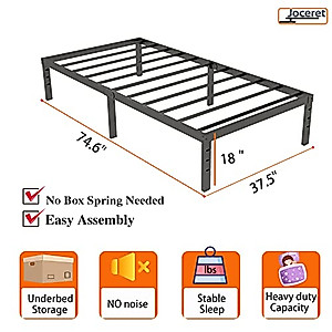 Joceret Twin Bed Frames No Box Spring Needed,18 Inch Heavy Duty Metal Platform Support up to 3500 lbs with Steel Slat,Easy Assembly,Noise Free,Mass Storage,Black,Boys,Girls,Black