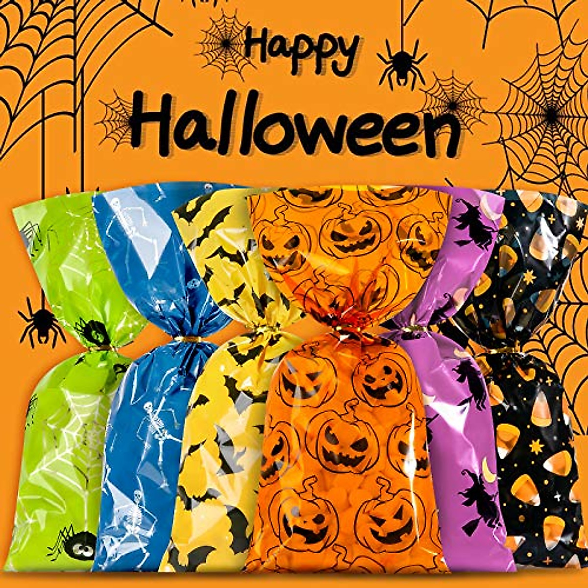 Whaline 150Pcs Halloween Cello Bags Cellophane Bags 6 Design with Twist Tie Candy Treat Bags Sweet Bags Pumpkin Spider Bat Bone Gift Bags Orange Party Favors for Halloween Day Table Decor