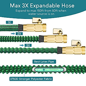 150 ft Expandable Garden Hose - New Flexible Water Hose 150ft with 10 Pattern Spray Nozzle, 3/4 Solid Brass Connectors, Retractable Latex Core - Lightweight Expanding Hose
