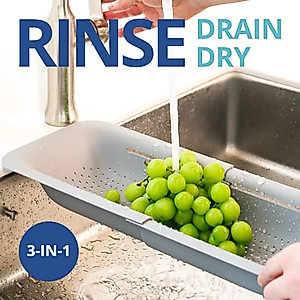 BLUE GINKGO Over the Sink Colander Strainer Basket - Wash Vegetables and Fruits, Drain Cooked Pasta and Dry Dishes - Extendable - New Home Kitchen Essentials (7.9 W x 14.5-19.5 L x 2.75 H) - Gray