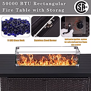 Propane Fire Pit Table, 54 in 50,000 BTU PE Rattan Gas Fire Pit with Glass Wind Guard, Waterproof Cover, Lava Glass, CSA Certified for Outside Garden/Patio/Deck/Poolside.