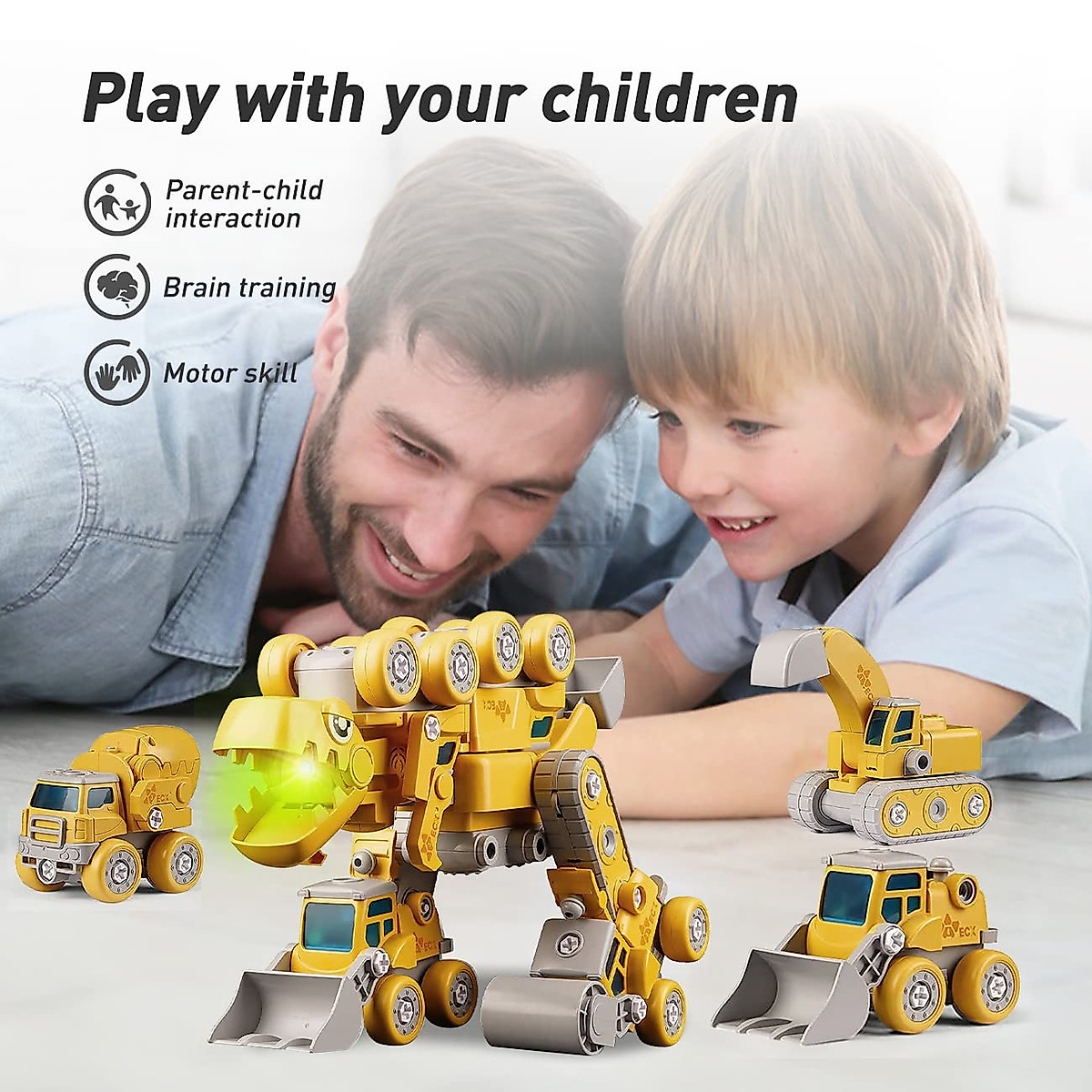 Grechi Take Apart Dinosaur Toys for Kids 5-8, 5 in 1 Construction Vehicles Transform into Big Dinosaur Robot STEM Toys for 3 4 5 6 7 8 Year Old Kids, Boys