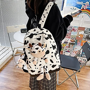 Kawaii fluffy plush fuzzy cute aesthetic cow backpack teenage school gift for birthday Christmas (white)