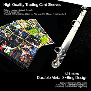 ZINOMAR Baseball Card Binder with Sleeves, 40 Pcs 9-Pocket Pages for 720 trading cards, Portable Card Collector Album Holder Book, Zip Carrying Case Display Storage for TCG - Black