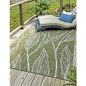 Unique Loom Collection Botanical, Coastal, Leaves, Indoor and Outdoor Area Rug, 8 ft x 11 ft 4 in, Green/Ivory
