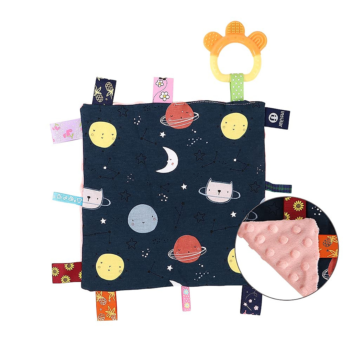 Cute Baby Security Tag Blanket withTeether,Soft,Soothing, Comfortable,Dotted Backing Taggy Teething Blanket for Boys and Girls. (Planets)