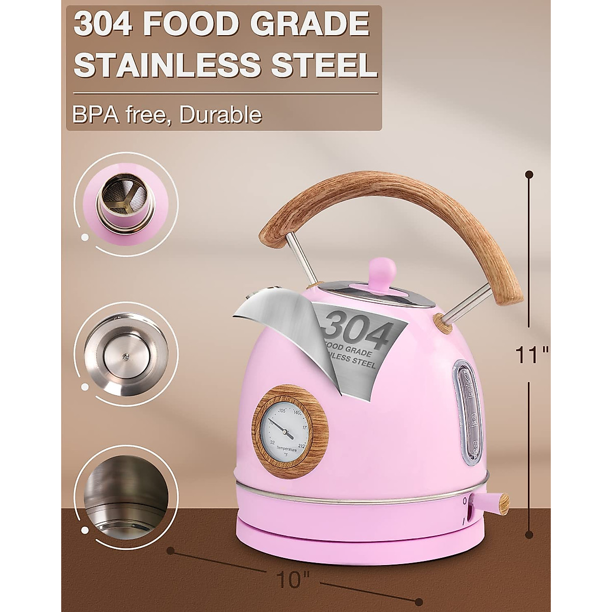 Electric Tea Kettle, 1.7Liter Stainless Steel Tea Kettle Hot Water Boiler with Thermometer, BPA Free, SMOLON 1500W Pour-Over Kettle Teapot with LED Indicator Auto Shut-Off & Boil-Dry Protection, Pink