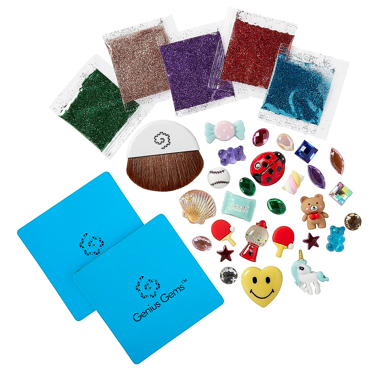 Genius Gems Glitter Tiles DIY Design Kit - Includes 2 Adhesive Squares, 1 Packet of Mixed Charms, Glitters, and Brush - Sticks to Magnetic Tiles!