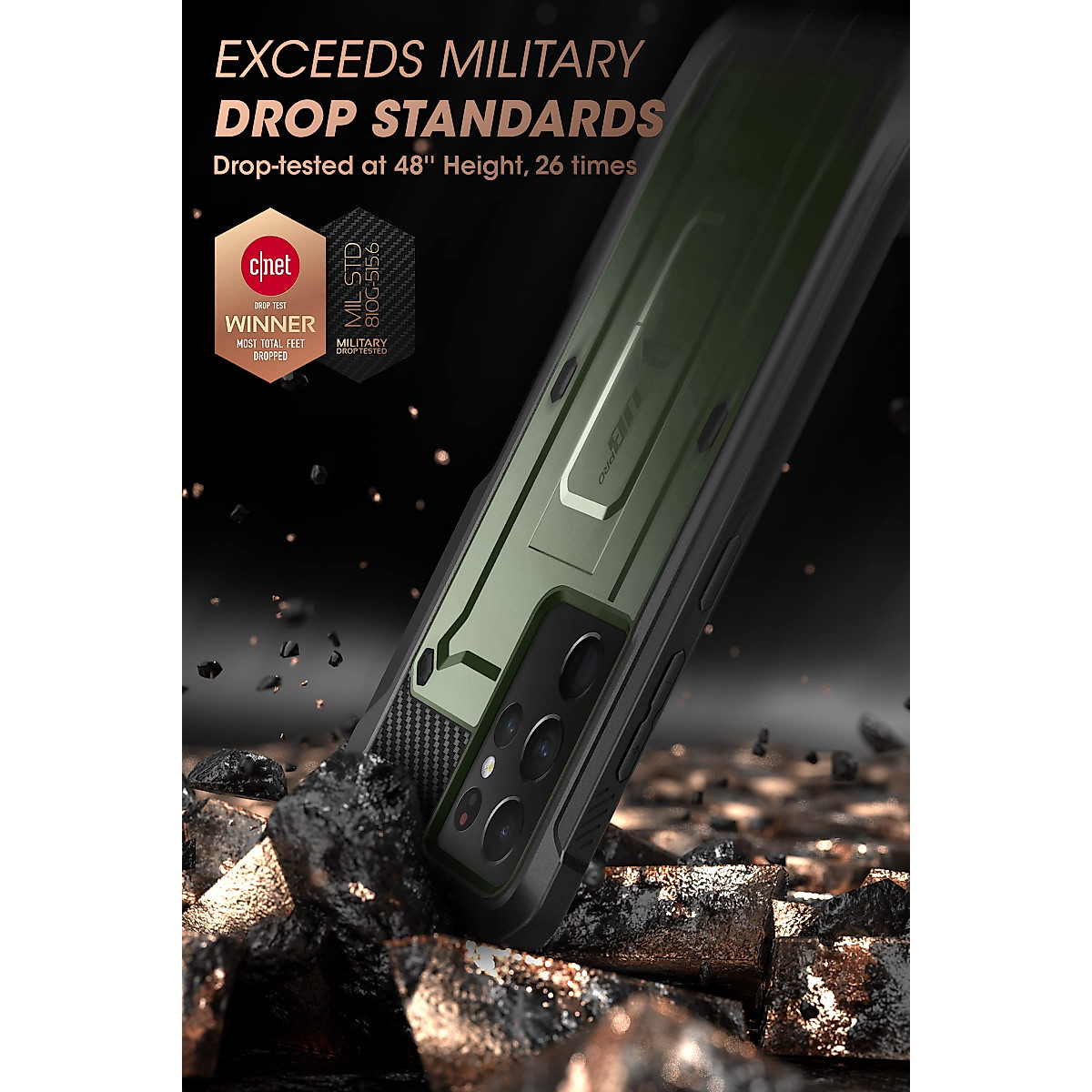 SUPCASE Unicorn Beetle Pro S Pen Slot Holder Dual Layer Rugged Holster Case for Samsung S21 Ultra, Metallic Green