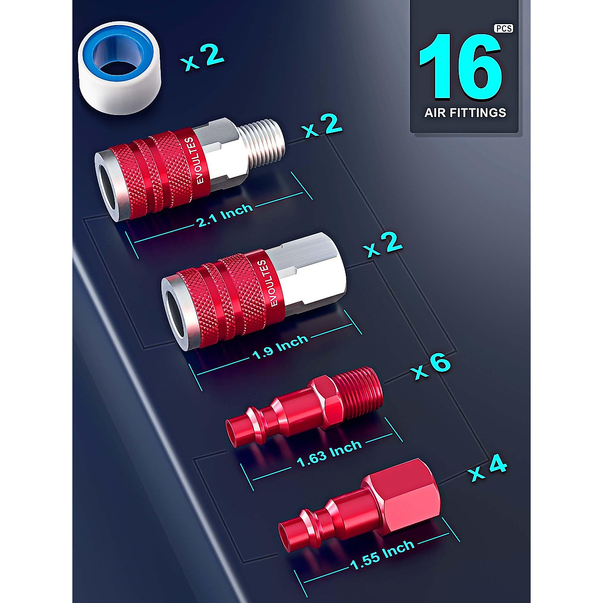 EVOULTES 16 Pieces Universal 1/4" NPT Air Hose Fittings & Air Coupler Kit, Lightweight Aluminium Air Fittings Kit with Quick Connect Air Plug, Pneumatic Air Tool Fitting for Air Compressor Accessories