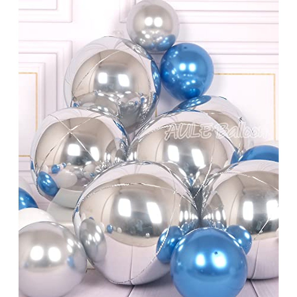 AULE Silver Orbz Balloon Decorations - Pack of 6, Jumbo 22 Inch 4D Metallic Silver Balloons, Large Foil Sphere Balloons, Big Round Mylar Balloons