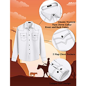 COOFANDY Mens Shirt Western Dress Long Sleeve Casual Cotton Button Down Denim Work, White, Medium, Long Sleeve