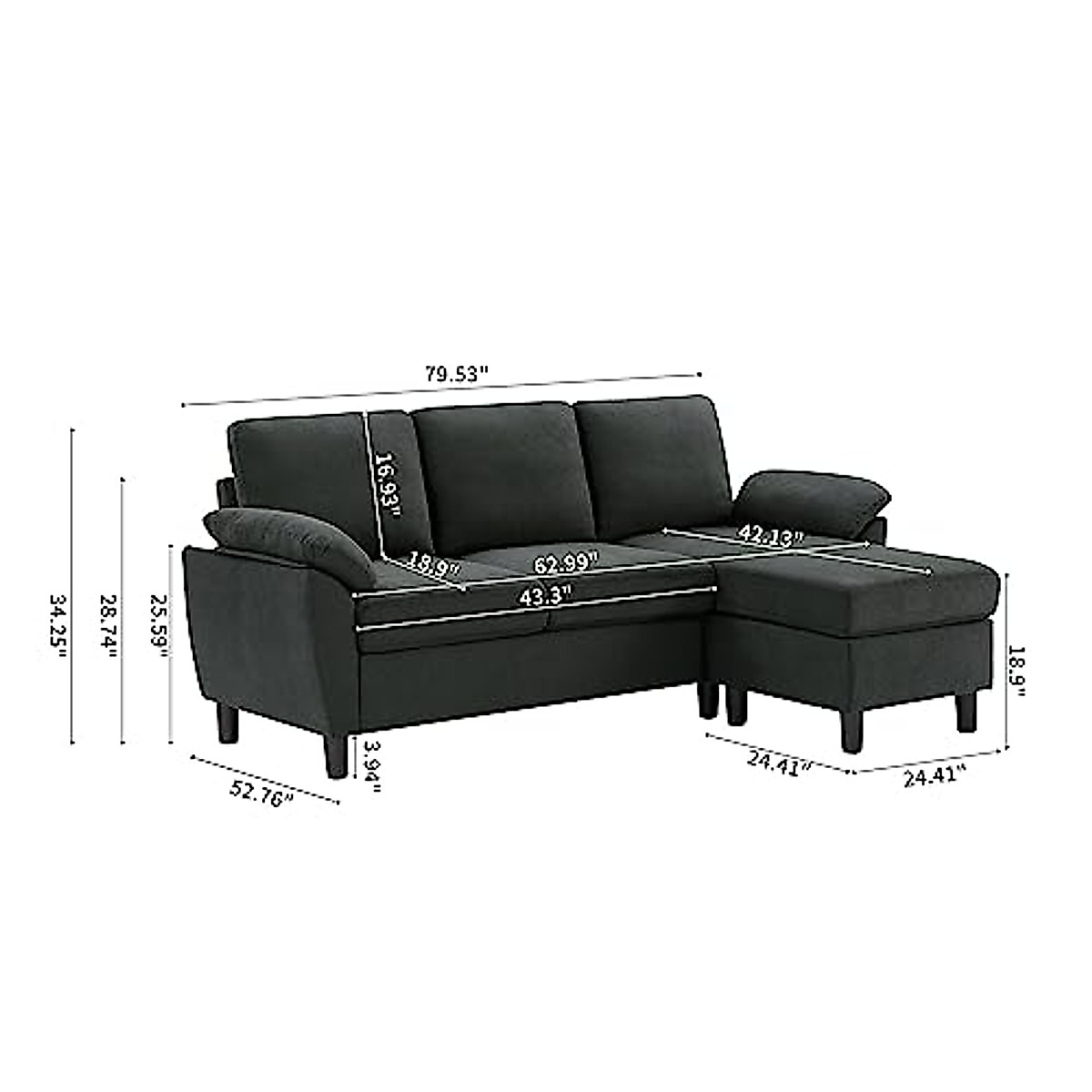 Tornama 79" Convertible Sectional Sofa, Modern Linen Fabric L Shaped Couch, 3 Seater Couches with Reversible Chaise for Living Room, Apartment and Small Spaces(Black)