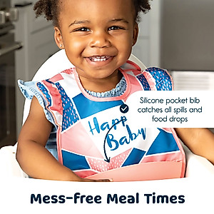 Tiny Twinkle Silicone Pocket Bibs - Waterproof Bibs Babies, Food Catching, Mess-Proof Bibs for 6-24 Months Old Baby Boy and Girl, Toddlers, 2-Pack (Shine, Happy)