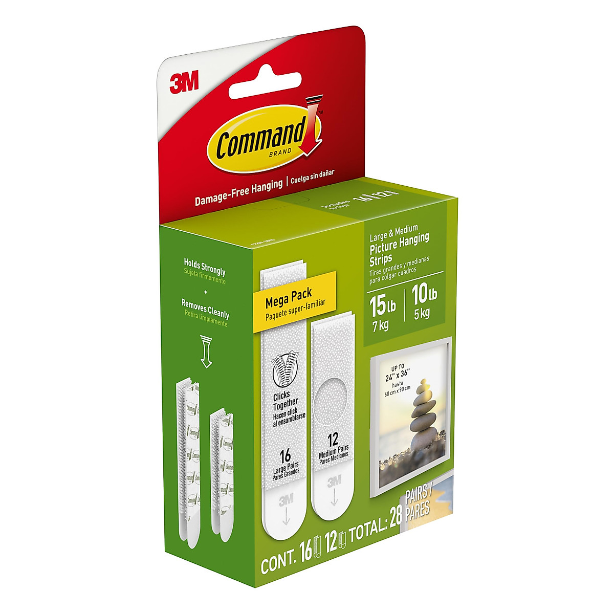 Command Medium and Large Picture Hanging Strips, Damage Free Hanging Picture Hangers, No Tools Wall Hanging Strips for Living Spaces, 12 Medium Pairs and 16 Large Pairs (Pack of 1)