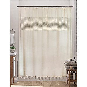 SUMGAR Cotton Shower Curtain Boho Farmhouse Shower Curtains for Bathroom with Tassels & Jacquard Striped Window, Beige Fabric Fringe Shower Curtain Set with Hooks, 72" x 72"