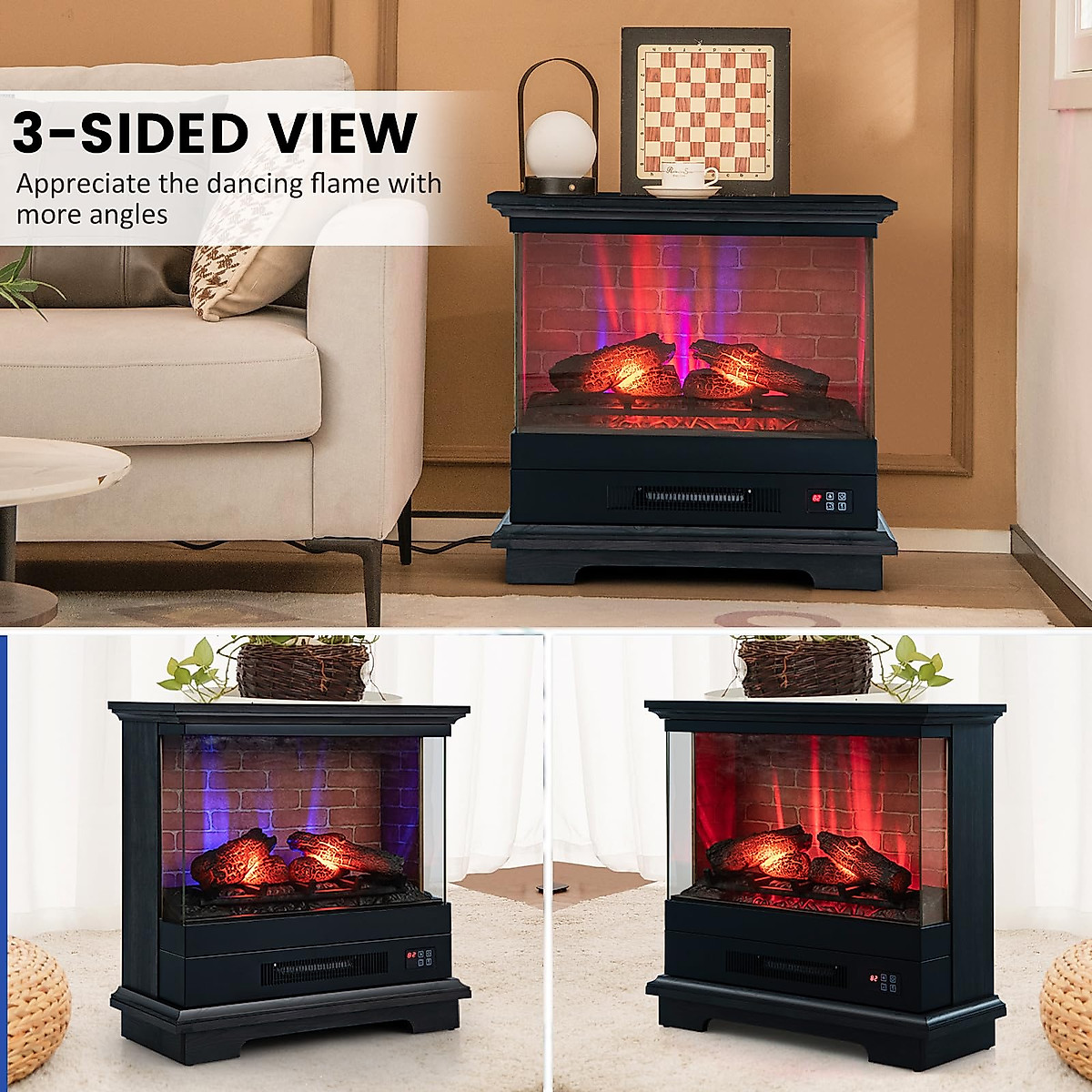 ORALNER 27” Electric Fireplace with Mantel, 3-Sided Glass View, Wooden Surround Firebox, Freestanding Fireplace Heater w/ 7 Flame Colors, Remote & 6H Timer, Overheat Protection, 1400W (Black)