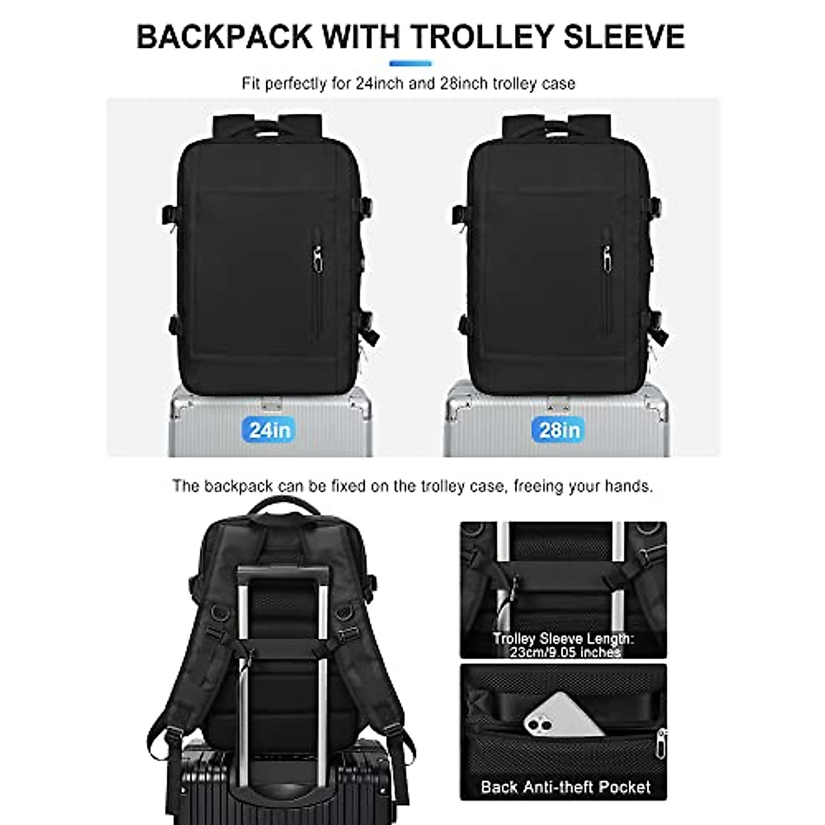 VGCUB Carry on Backpack, Large Travel Backpack for Women Men Airline Approved Gym Backpack Waterproof Business Laptop Daypack Expandable, Black