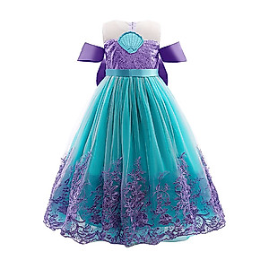 Kids Girls Little Mermaid Costume Ariel Princess Fancy Dress Up Birthday Party Halloween Christmas Carnival Cosplay Dresses + Crown + Jewelry Fairy Tales Outfit Set Purple+Green 6-7 Years