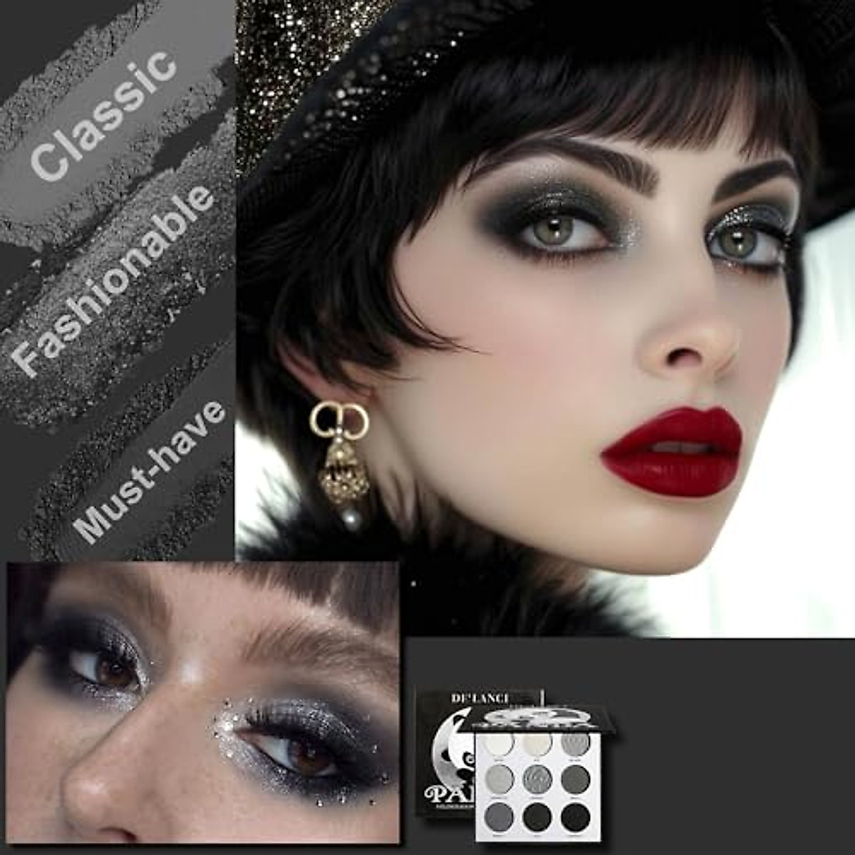 Afflano Gray Eyeshadow Palette Grey Black White Silver, Blendable Smokey Eye Eyeshadow Palette, for SFX Skull Goth Look Halloween Makeup Palette, Long Lasting Dark Eye Shadow Pallet - Panda