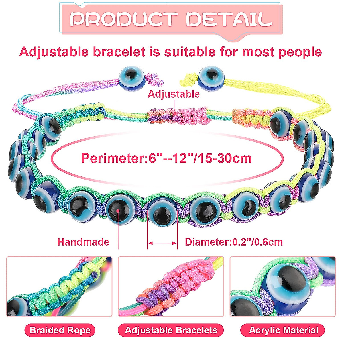 8 Pieces Evil Eye Beaded Bracelet Adjustable Blue Evil Eye Rope Bracelets Kabbalah Protection Friendship Bracelet Hand Woven Turkish Lucky Protection Bracelets for Women Men (Cold-Toned Style)