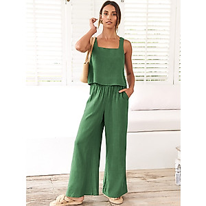 ANRABESS Women's 2 Piece Outfits Linen Pants Jumpsuit Matching Lounge Set Casual Summer Beach Vacation Trendy Clothes Grass XX-Large