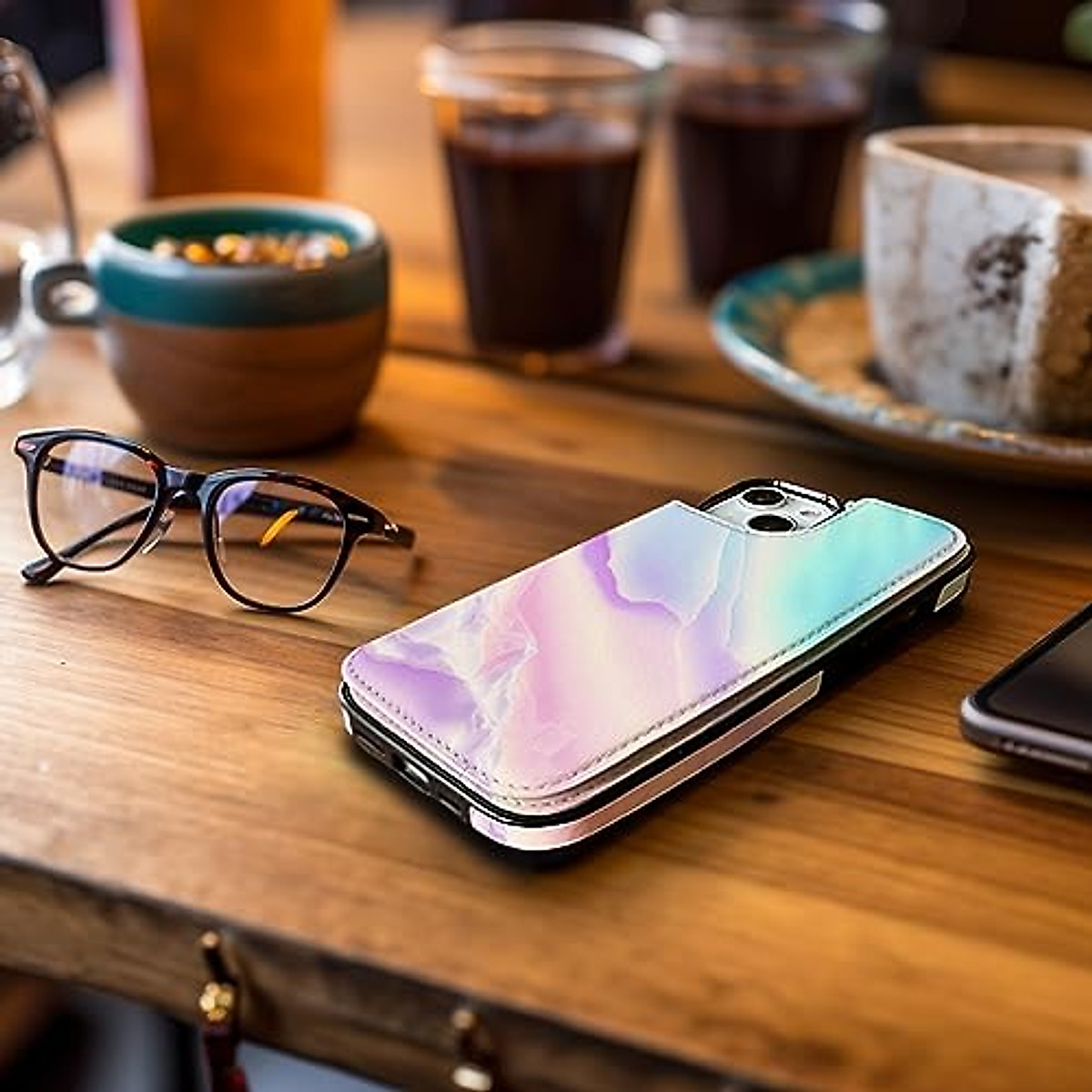 uCOLOR Flip Leather Wallet Case Card Holder Compatible with iPhone 13 6.1 iPhone 14 6.1 Women and Girls with Card Holder Kickstand (Pastel Pink Marble)