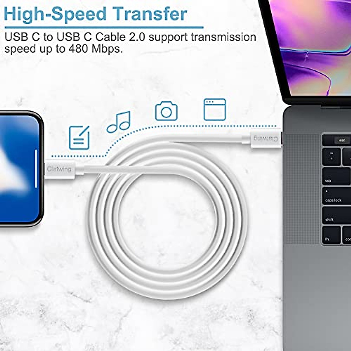 Clatwing USB C to USB C Cable [6.6ft 60W 2Pack] Enhanced Version Type-C Charger Fast Charging Cable Compatible with MacBook Pro,iPad Mini 6,iPad Air 4,Samsung Galaxy S21,Pixel,Switch,PD USB C Charger