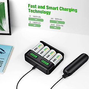 EBL LCD Rechargeable Battery Charger for Ni-MH AA AAA C D Rechargeable Batteries with Rechargeable D Batteries - 4 Pack