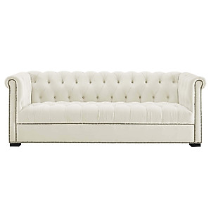 Modway Heritage Tufted Performance Velvet Upholstered Chesterfield Sofa with Nailhead Trim in Ivory