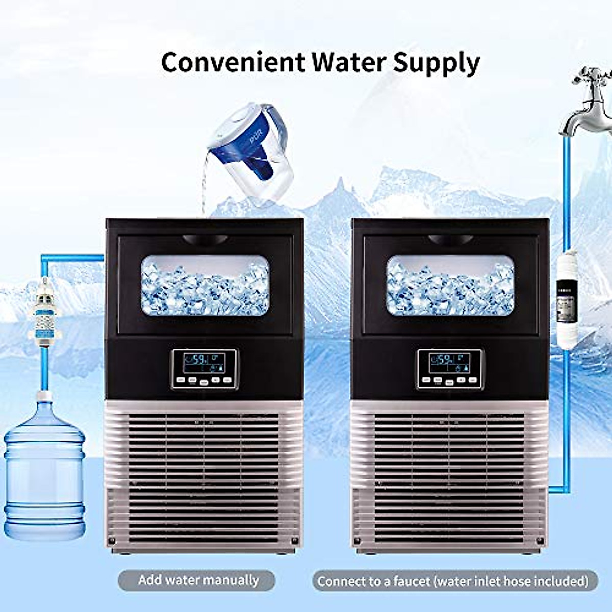 LEO11EE Freestanding Commercial Ice Maker Machine 66LBS/24H, Auto-Clean Built-in Automatic Water Inlet Clear Ice Cube Maker with Scoop, Ideal for Supermarkets Cafes Bakeries Bars Restaurants Home