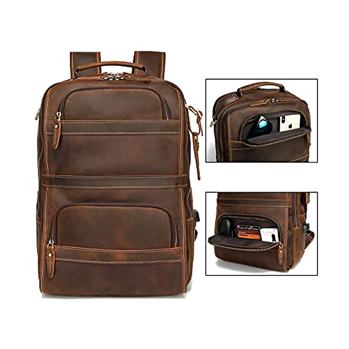 LANNSYNE Vintage Genuine Leather Backpack For Men 15.6 Inch Laptop Bag School Bag Overnight Weekender Camping Daypack Rucksack