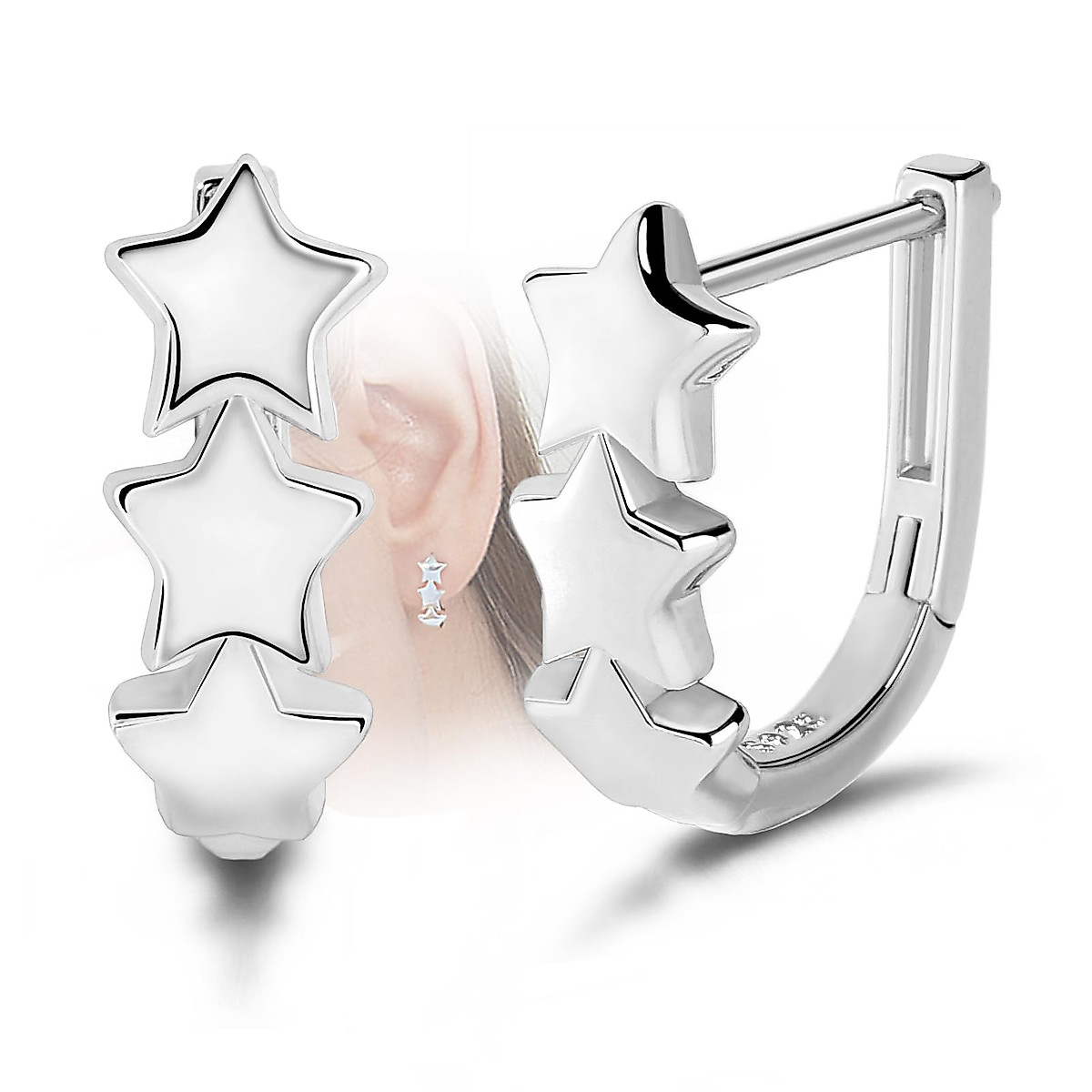 Star Hoop Earrings for Women Girls - Sterling Silver Stars Earrings for Teens Hypoallergenic Minimalist Star Shaped Huggie Hoop Earrings for Sensitive Ears Dainty Earrings Gifts for Christmas Birthday