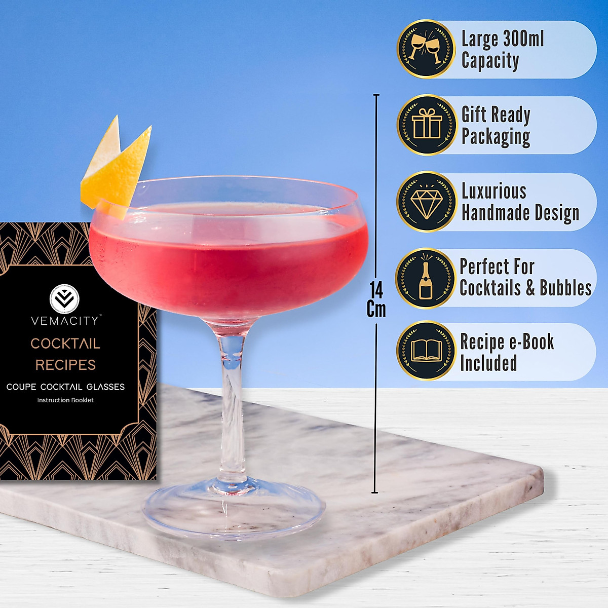 Elegant Coupe Cocktail Glasses Set of 4 | Handmade Crystal Glasses | Quality Champagne Coupe Glasses + Recipe e-Book |Large Cocktail Glass | Espresso Martini Glasses |Large Martini Glass |Coup Glasses