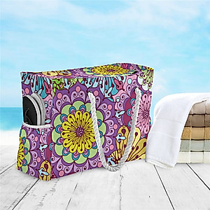 WSSBK Fashion Nylon Beach Shoulder Bag Women's Creative Rope Shopping Bag Mandala Print Big Summer Tote Handbag (Color : A, Size : 52 * 18.5 * 38cm)