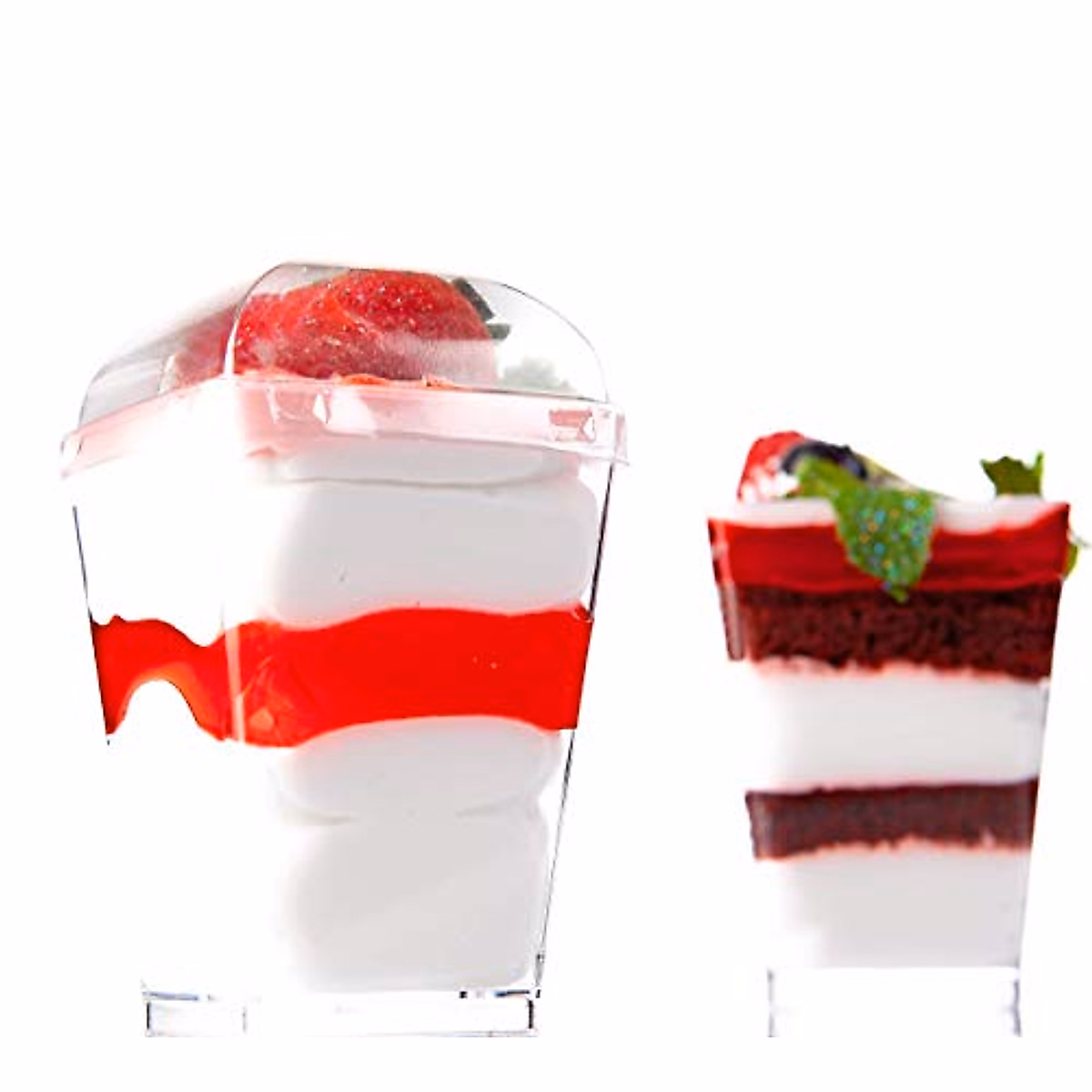 Km Dessert Cups with Lids and Spoons 5OZ Pack of 100 - Clear Tumbler, Plastic Parfait Cups, Tasting Appetizer Bowls, Tall Square Shooters Shot Glasses Mini Dessert Cups - Great for Event and Party