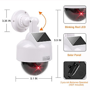 YSUCAU Solar Powered Dummy Fake CCTV Security Dome Camera with Flashing Red LED Light & Warning Security Alert Sticker Decal, Indoor/Outdoor Use
