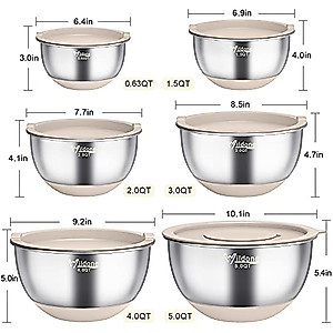 Wildone Mixing Bowls with Airtight Lids, 22 PCS Stainless Steel Mixing Bowls Set, 3 Grater Attachments, Measurement Marks & Non-Slip Bottom, Size 5, 4, 3, 2,1.5, 0.63QT, Ideal for Mixing & Prepping