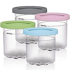 Containers Replacement for Ninja Creami Pints and Lids - 4 Pack, 16oz Cups Compatible with NC301 NC300 NC299AMZ Series Ice Cream Maker - Dishwasher Safe, Leak Proof Lids Pink/Yelloe/Grey/Blue