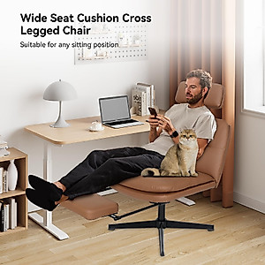 ELECWISH Criss Cross Chair, Armless Cross Legged Desk Chair No Wheels, PU Leather Applesauce Office Chair Wide Padded Home Office Chair with Headrest&Footrest for Bedroom, Living Room(Brown)