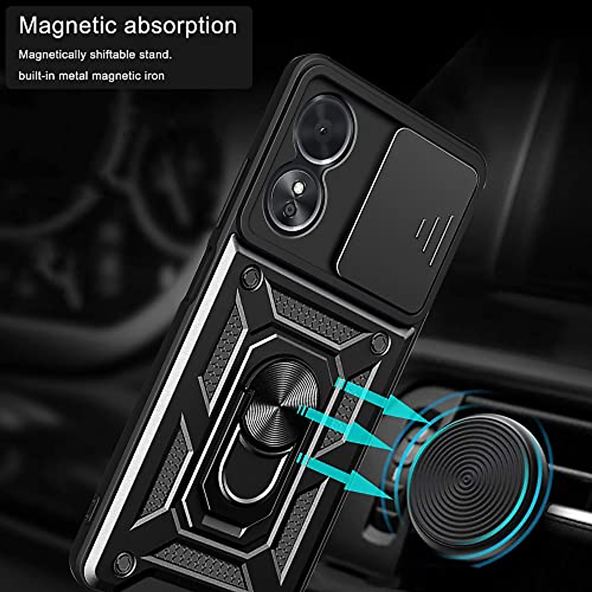 Ysnzaq Military Grade Heavy Duty Shockproof Case for Oppo A17 6.56", Sliding Window Lens Protection with Magnetic Car Bracket Phone Cover for Oppo A17 SJ Black