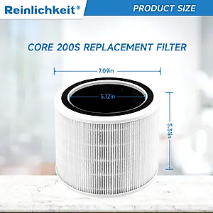 Reinlichkeit Core 200S Replacement Filter Compatible with Levoit Core 200S Smart WiFi Air Puri-Fier, 3-in-1 True H13 HEPA Activated Carbon Pre-Filter, Compare part Core 200S-RF，2 Pack