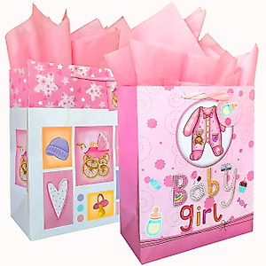 BagLove - Premium (2 Pack) Baby Girl Gift Bags with Tissue Paper - Large Gift Bags Perfect for Baby Showers, New Moms, Birthdays, Gender Reveals and More