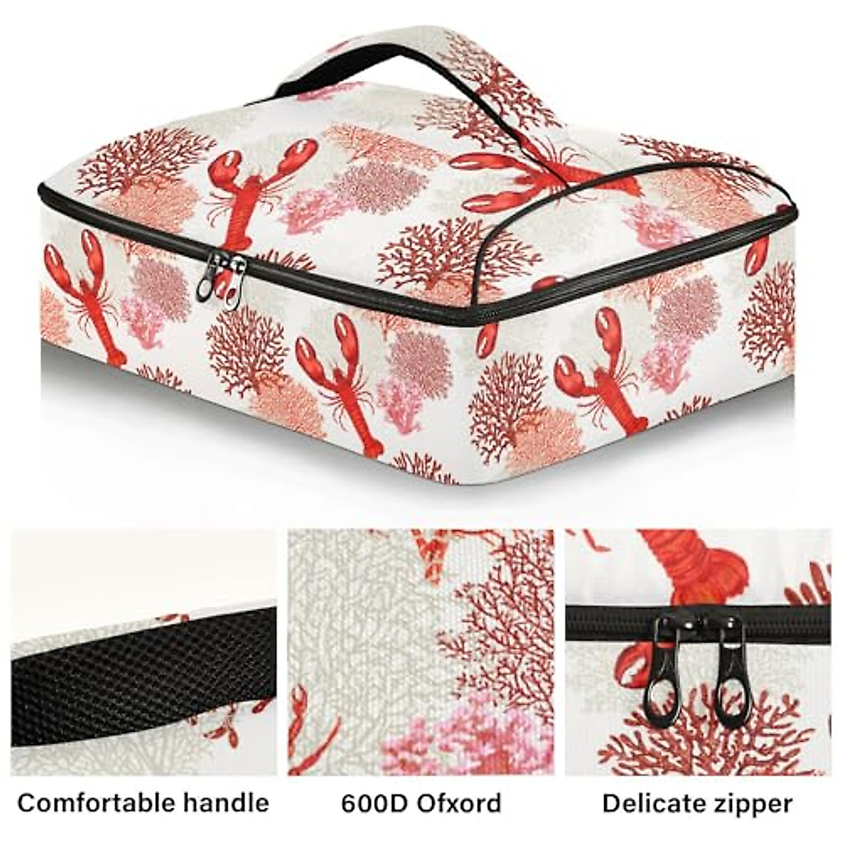 Kcldeci Insulated Thermal Food Carrier Insulated Casserole Carrier for Hot or Cold Food,Tropical Marine Lobster Corals Insulated Tote Bag for Potluck Cookouts Parties Picnic,Lasagna Lugger