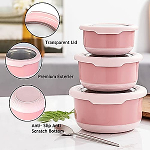 Lille Home Premium Stainless Steel Food Containers/Bento Lunch Box With Anti-Slip Exterior, Set of 3, 420ML, 730ML,1.2L, Leakproof, BPA Free, Portion Control (Pink)